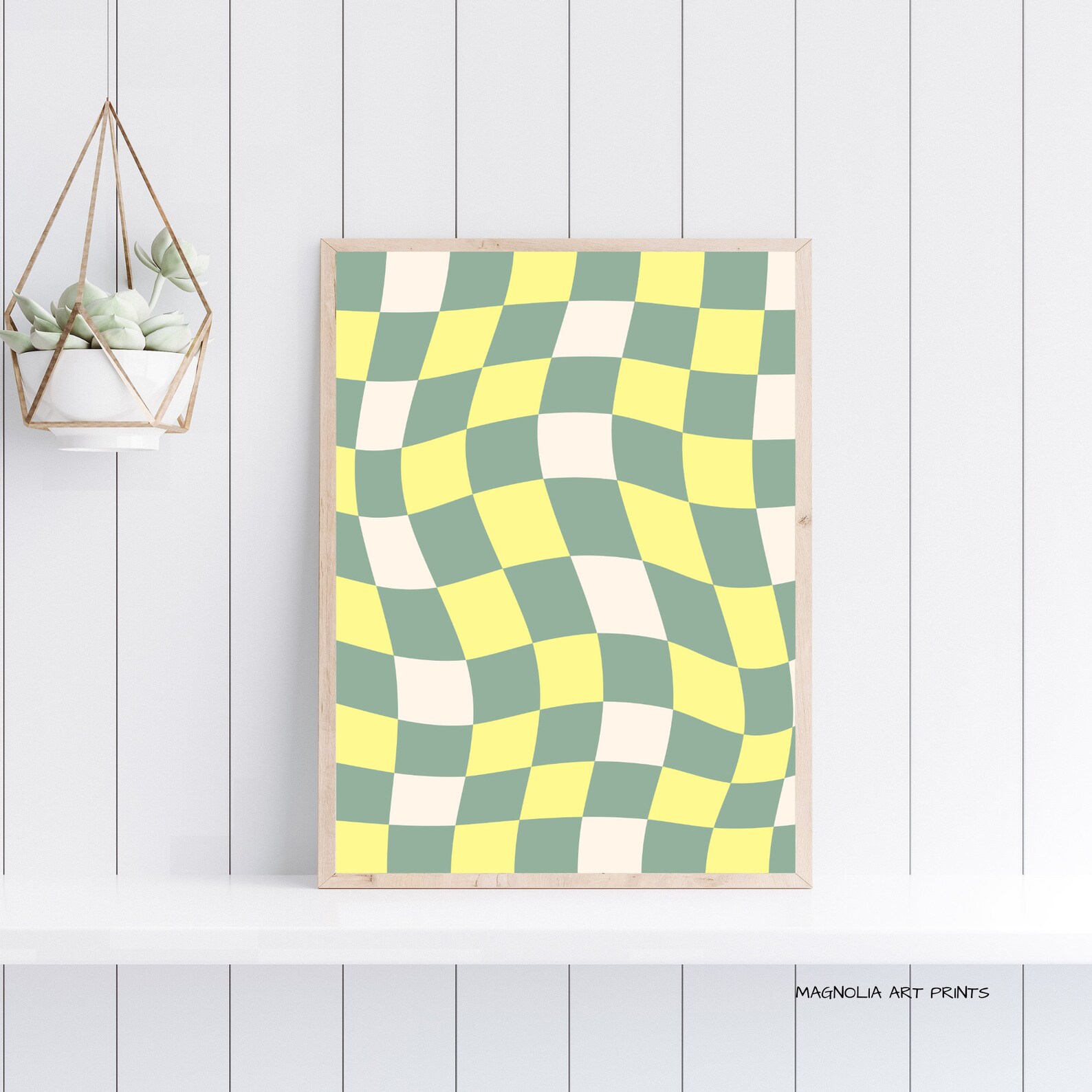 Green and Yellow Checkered Wall Art, Retro Pastel Checkerboard Print ...