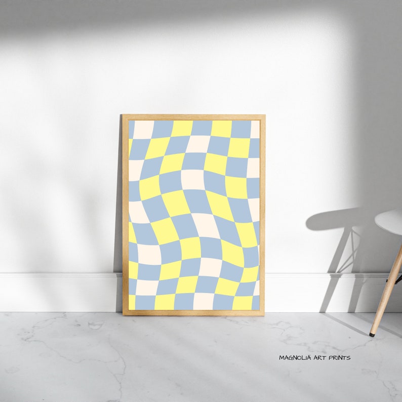 Blue and Yellow Checkered Wall Art, Retro Pastel Checkerboard Print ...