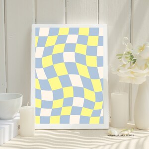 Blue and Yellow Checkered Wall Art, Retro Pastel Checkerboard Print ...