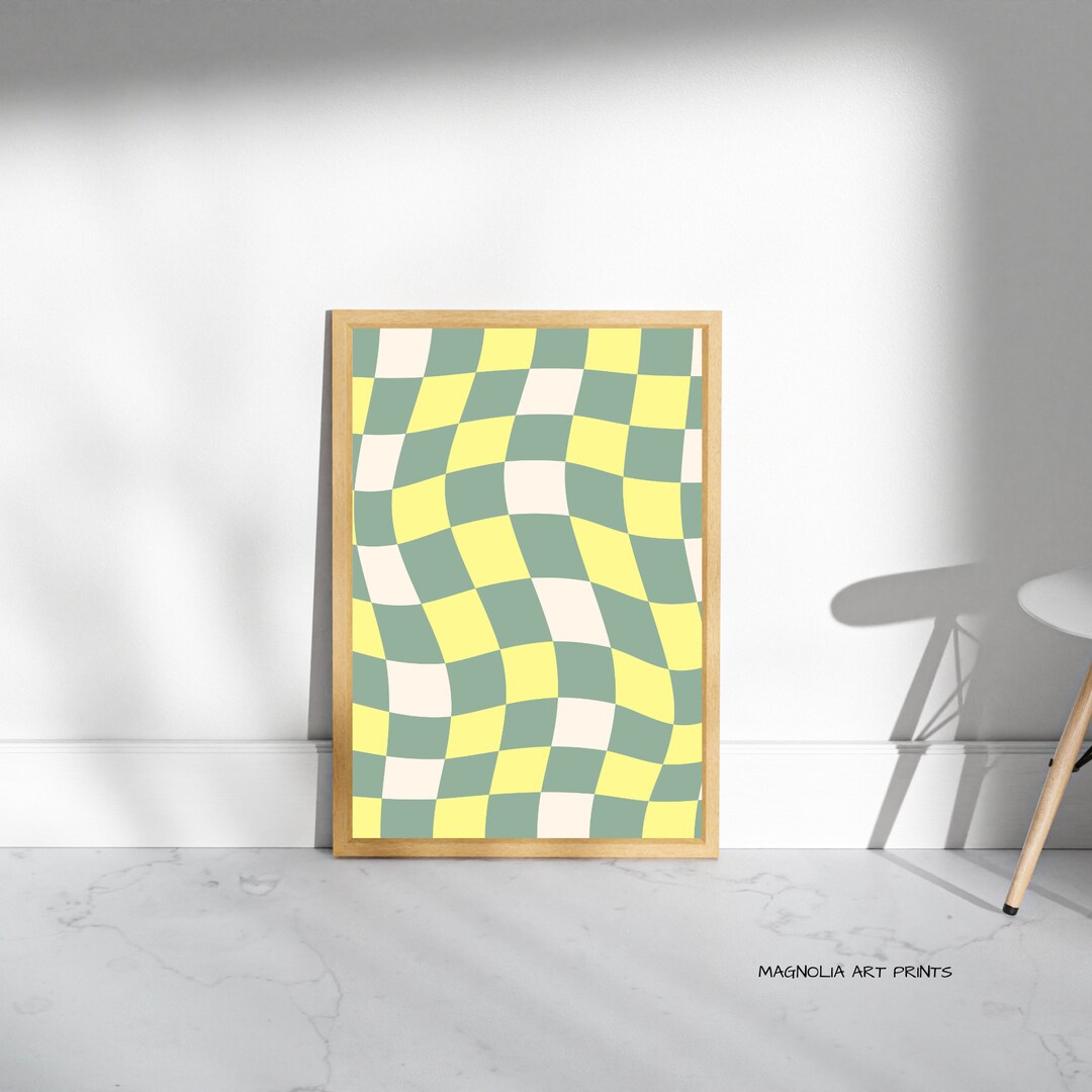 Green and Yellow Checkered Wall Art, Retro Pastel Checkerboard Print ...