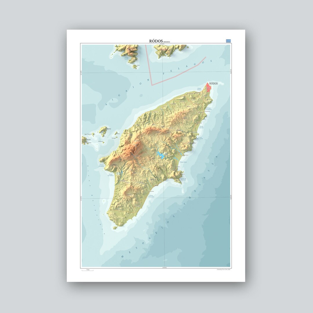 Rhodes Map Print ródos Original Decorative Artistic Map Print of A2 or ...