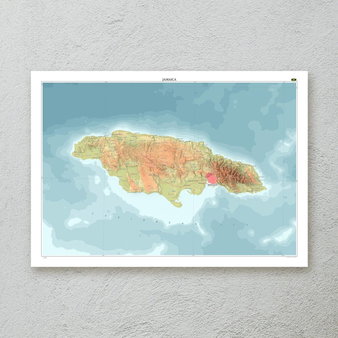 Jamaica Map Print — Decorative Topographic Map Print in A1/A2 Size in ...