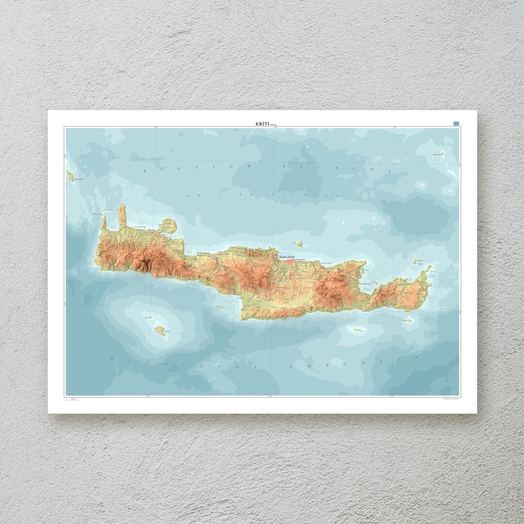 Crete Map Print kríti, Κρήτη Original Decorative Topographic Map Print ...
