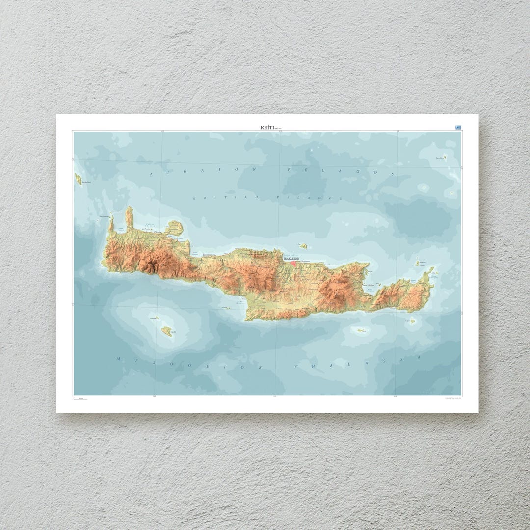 Crete Map Print kríti, Κρήτη Original Decorative Cartographic Artwork ...