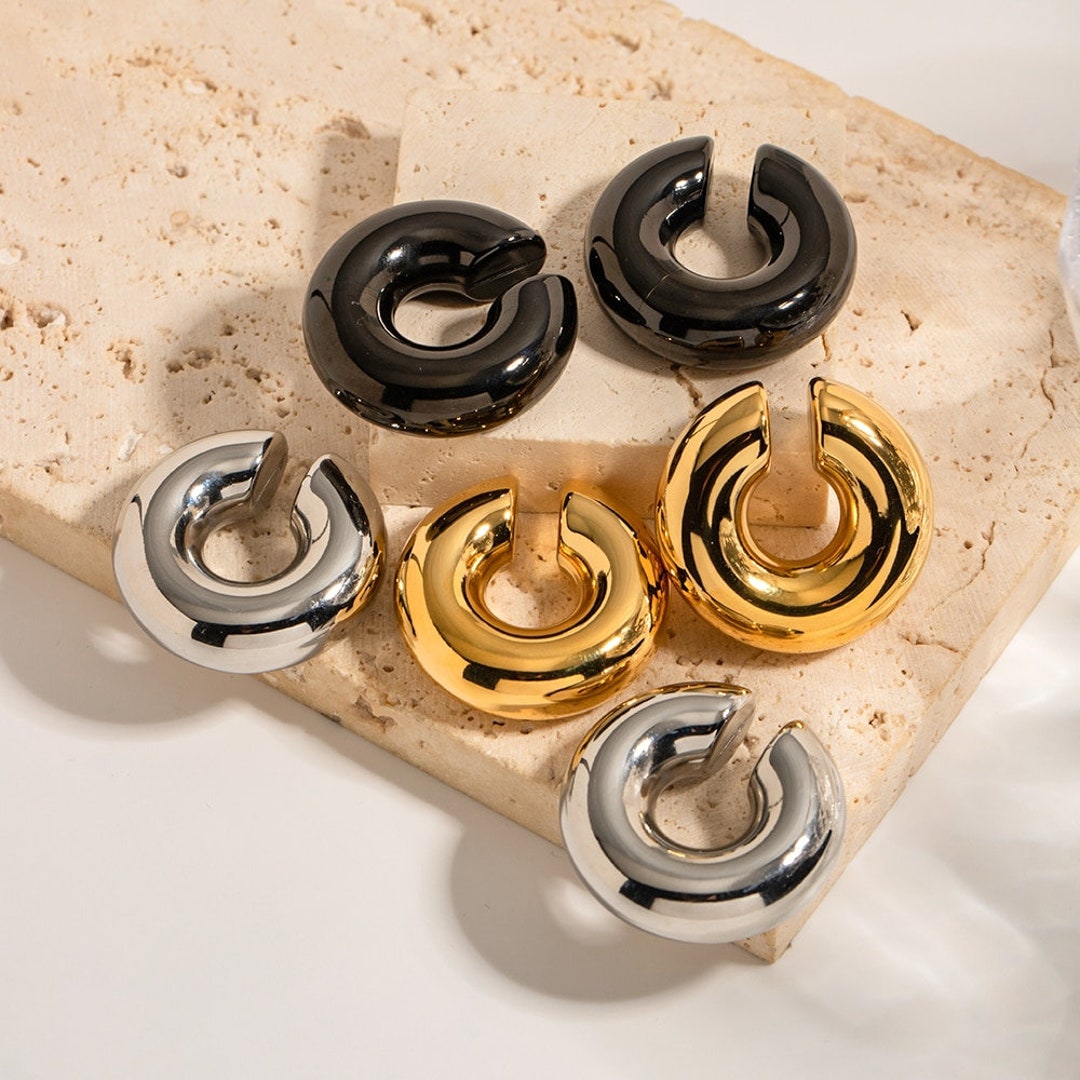 Chunky Ear Cuffs, 18K Gold Plated, Thick C Shape Earrings, Stacking Ear ...