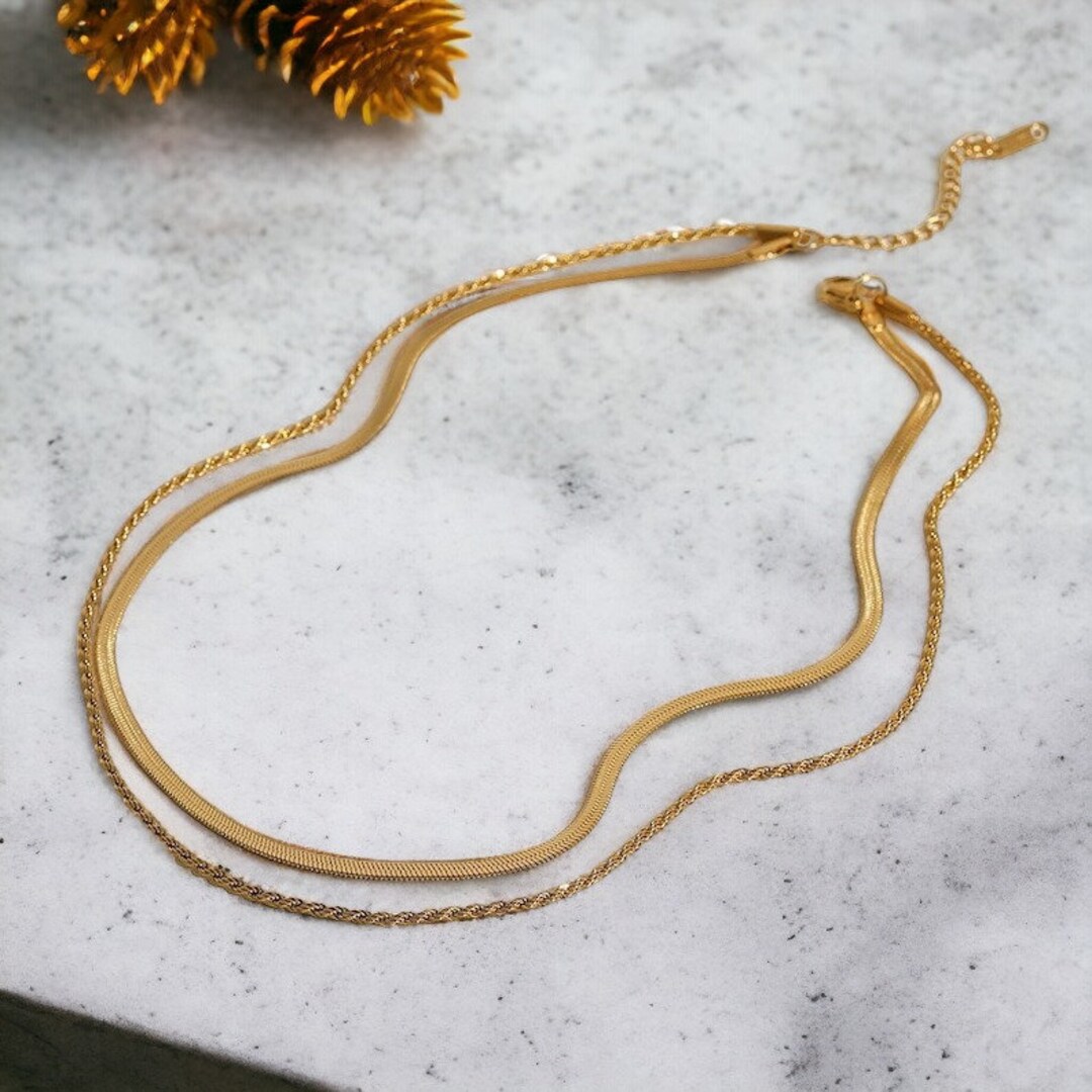 Double Herringbone Chain Necklace, 18K Gold Plated, Flat Snake Chain ...