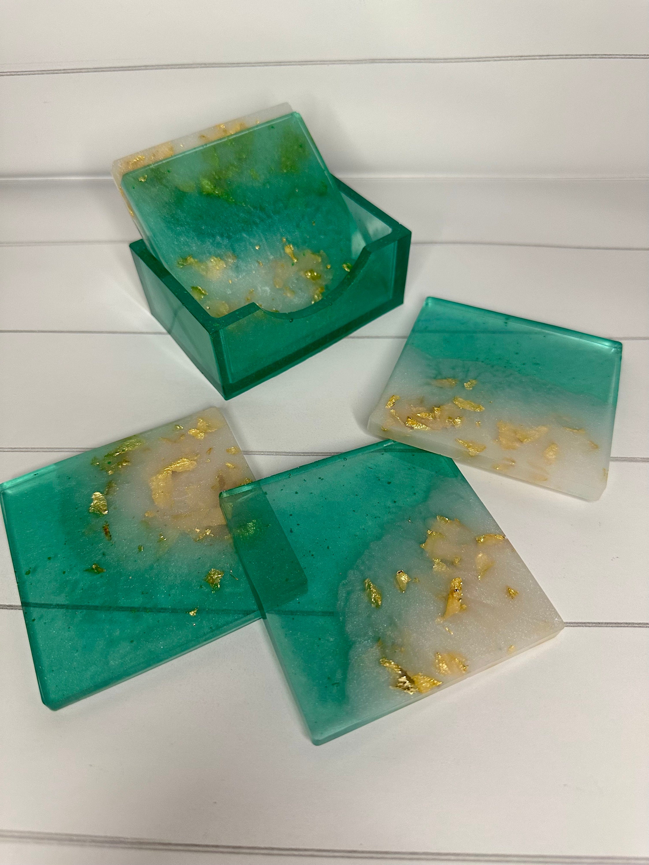 Teal Coaster Set With Gold Flakes - Etsy