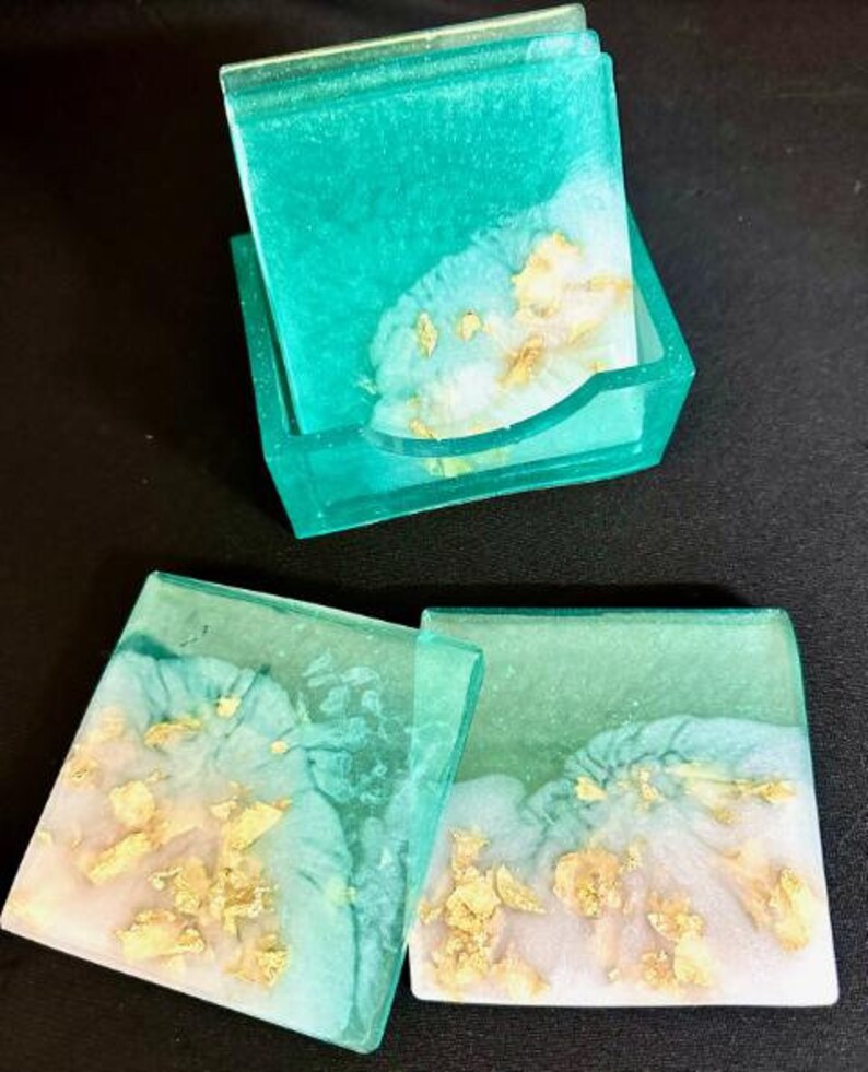 Teal Coaster Set With Gold Flakes - Etsy