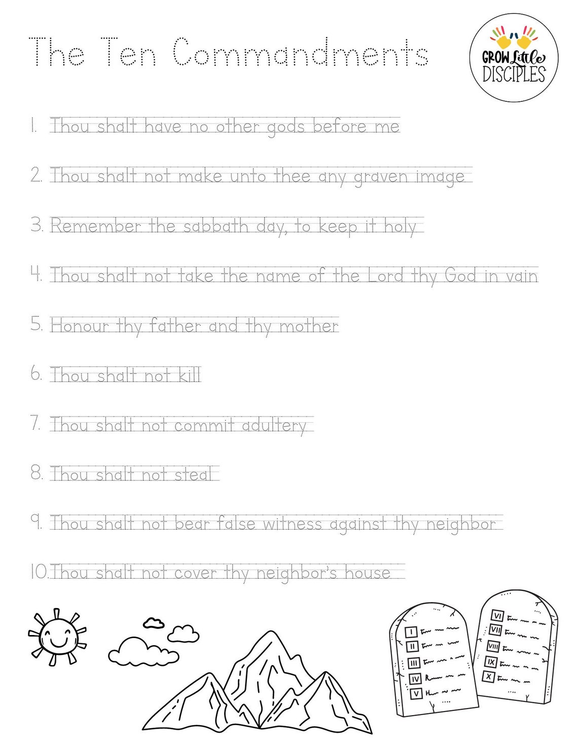 The Ten Commandments Printable Digital File Trace Copy Work for Kids ...