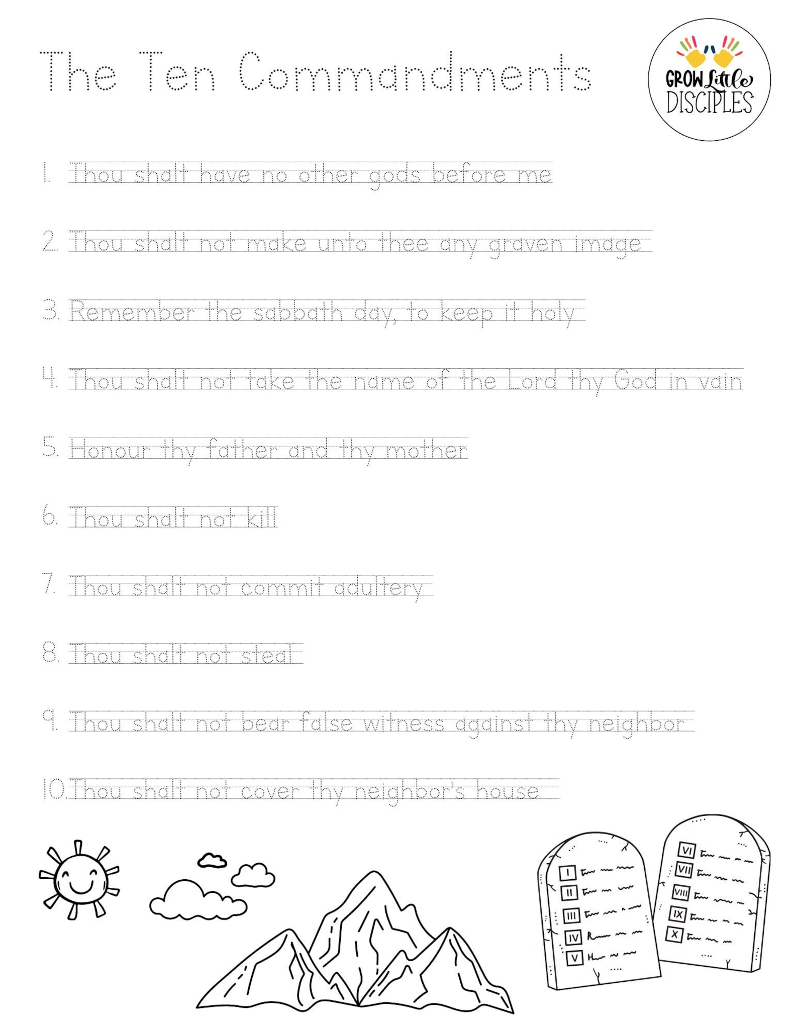 The Ten Commandments Printable Digital File Trace Copy Work for Kids ...