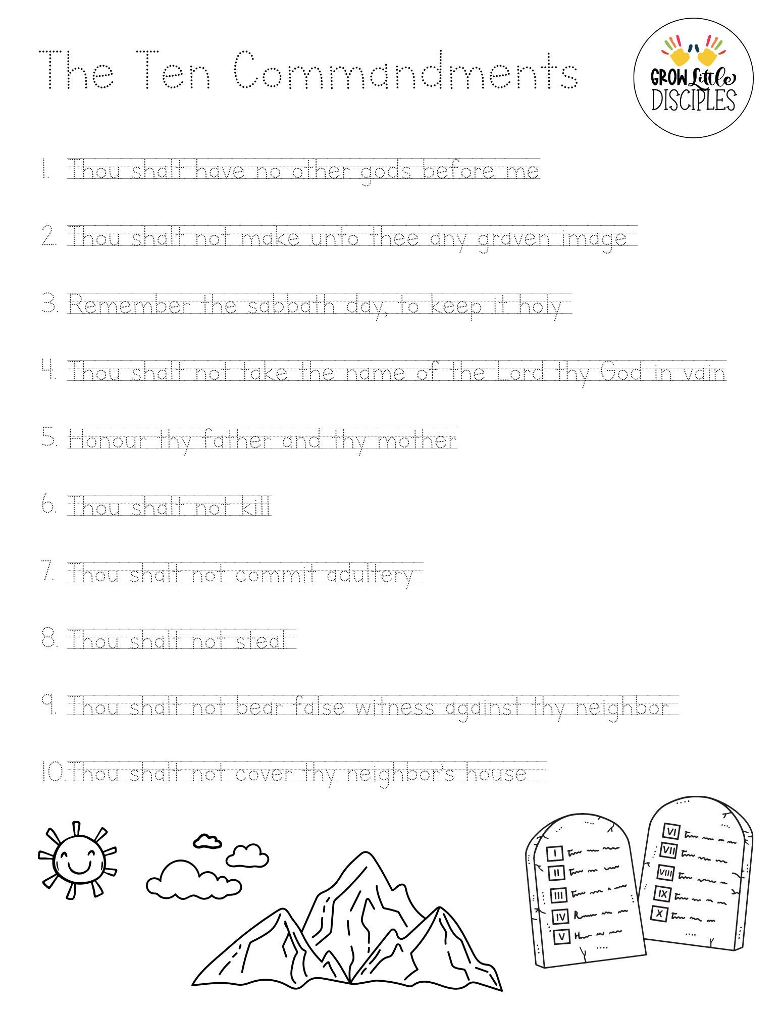 The Ten Commandments Printable Digital File Trace Copy Work for Kids ...