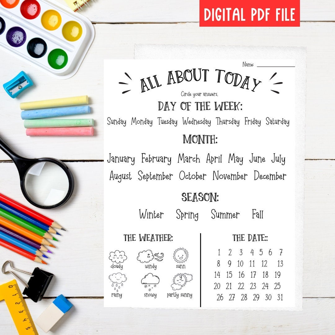 All About Today Daily Worksheet for Kids PDF Print File for School ...