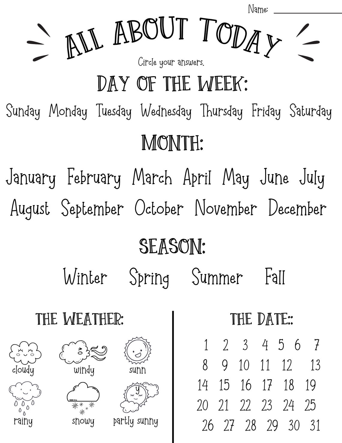 All About Today Daily Worksheet for Kids PDF Print File for School ...