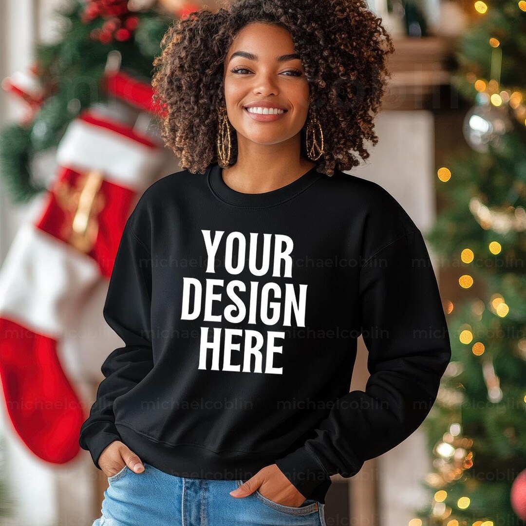 Black Model Mockup, Gildan 18000 Black Sweatshirt Mockup, Black Girl ...