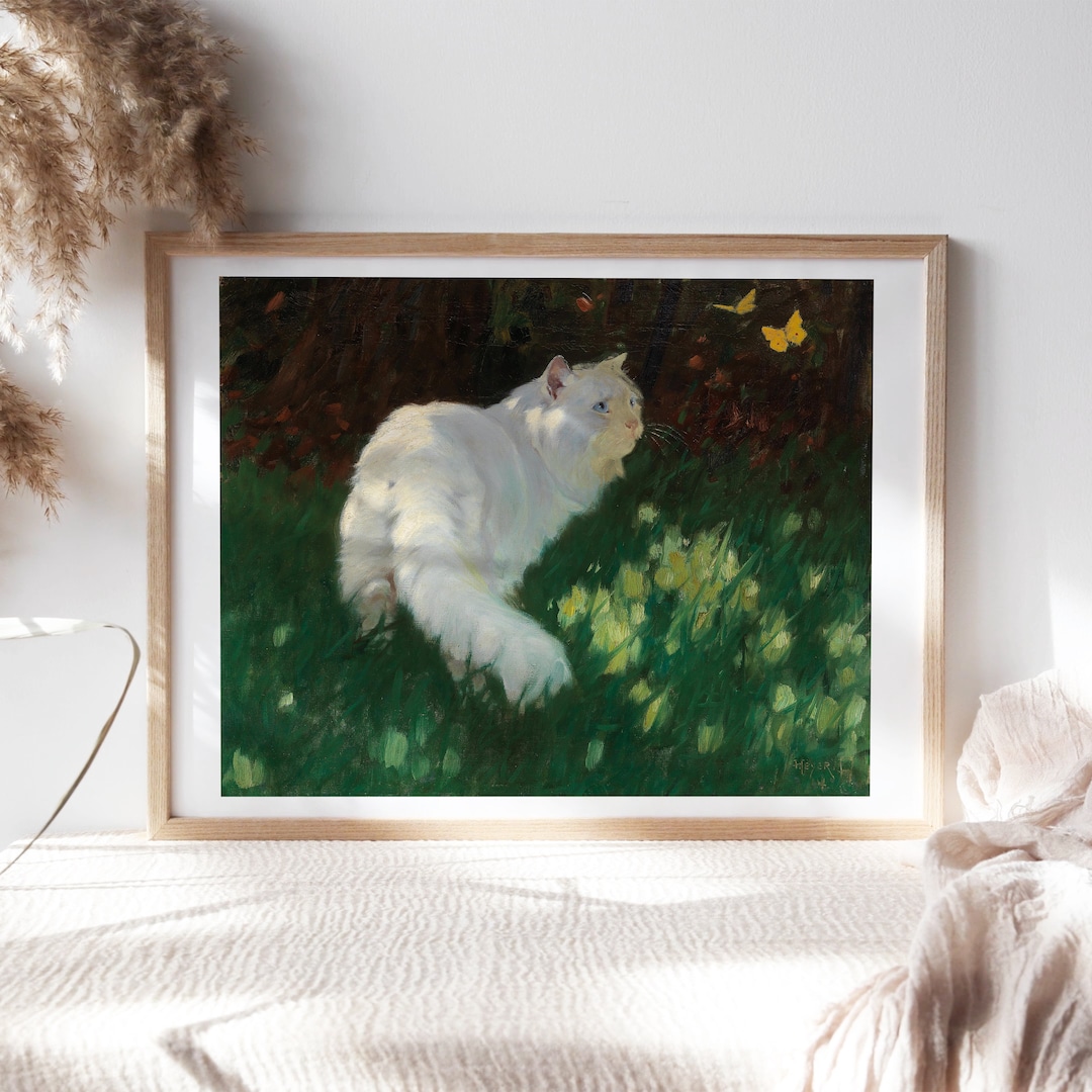 Arthur Heyer, White Cat and Butterflies 1914, Fine Art Poster, Moody ...