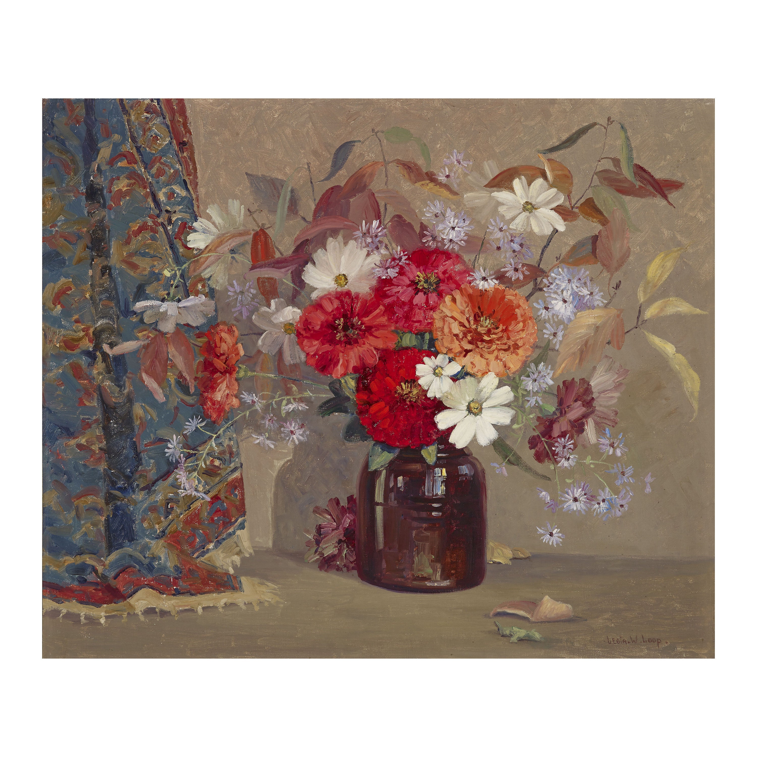 Leota Williams Loop, Zinnias and Leaves, 1928, Indiana Artist Premium ...