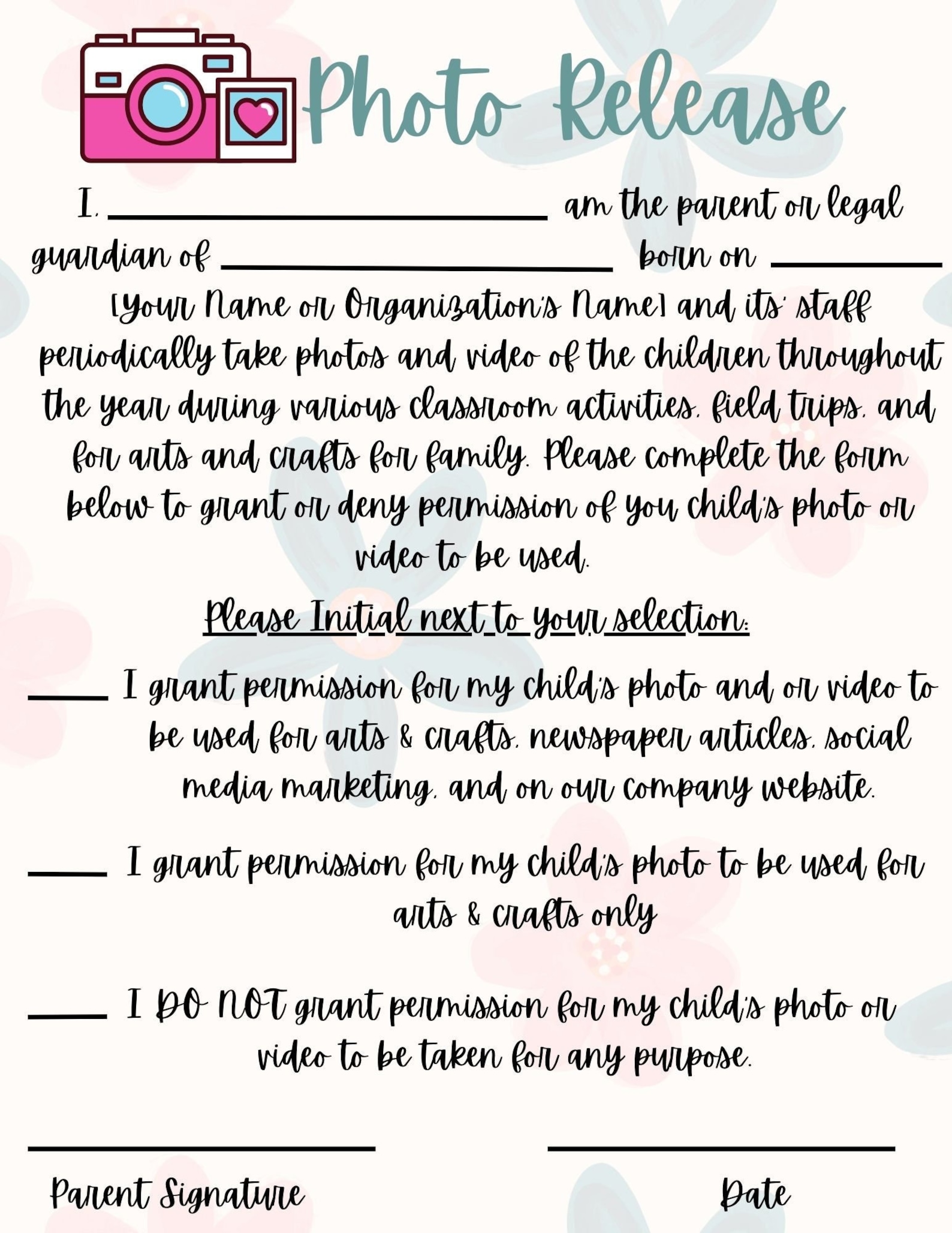 Daycare Photo Release Form Instant Digital Download for Daycare Homes ...
