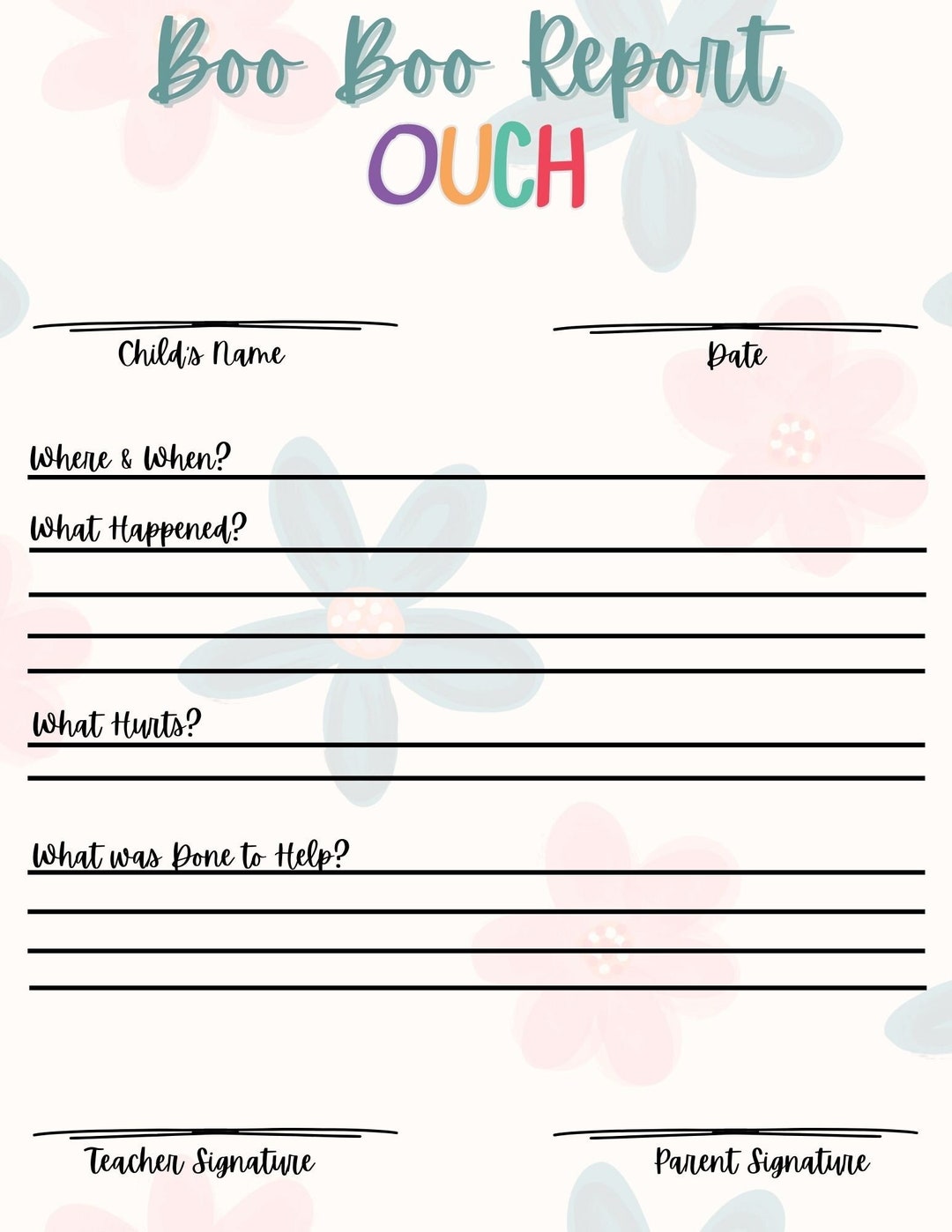 Daycare Boo Boo Report Instant Digital Download for Daycare Homes and ...