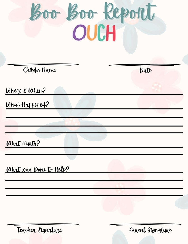 Daycare Boo Boo Report Instant Digital Download for Daycare Homes and ...