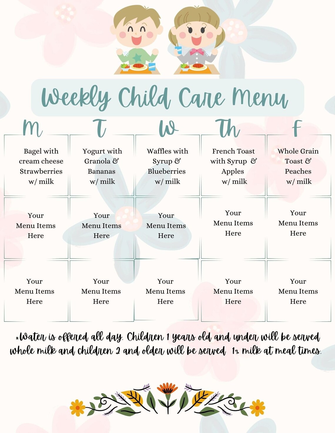 Weekly Menu PDF Printable, Daycare Menu, Childcare Menu - Etsy