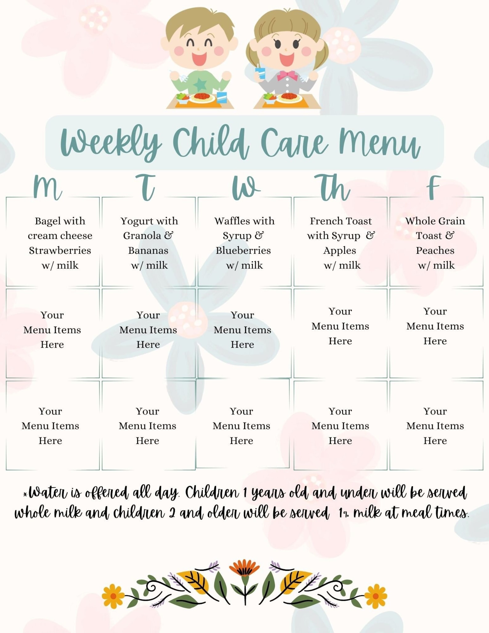 Weekly Menu PDF Printable, Daycare Menu, Childcare Menu - Etsy