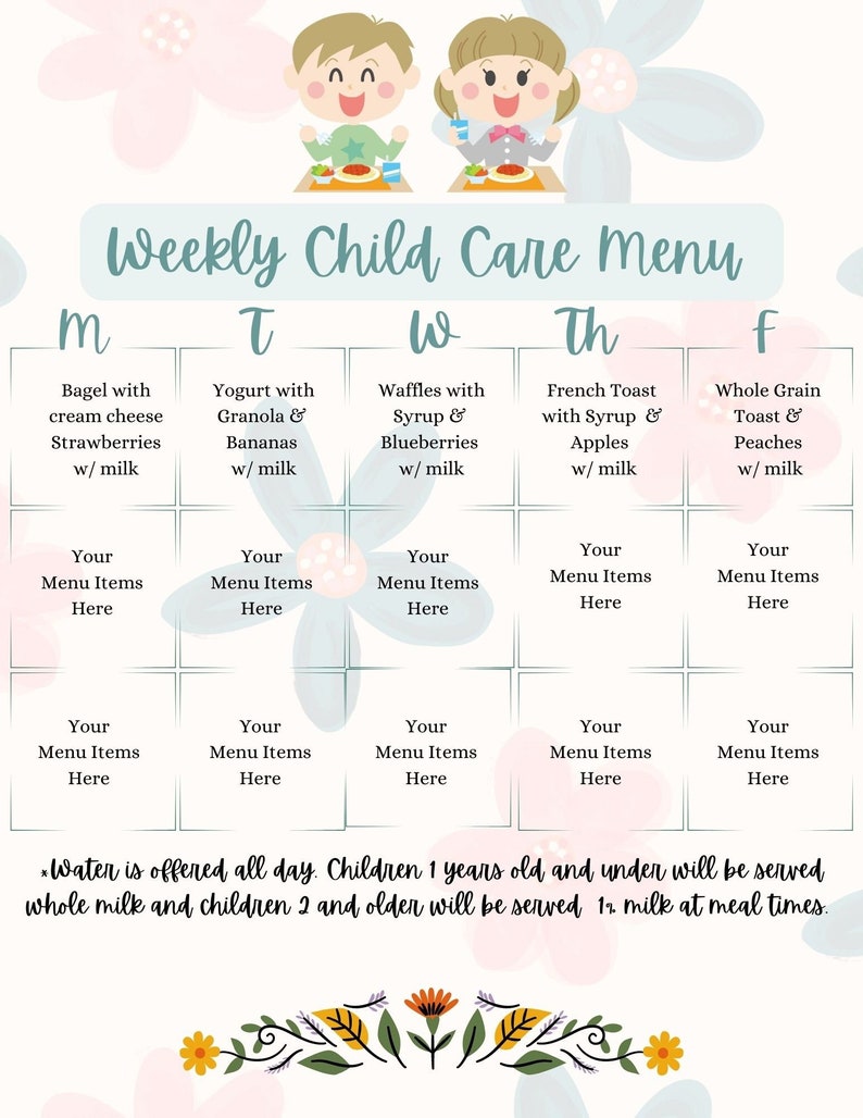 Weekly Menu PDF Printable, Daycare Menu, Childcare Menu - Etsy