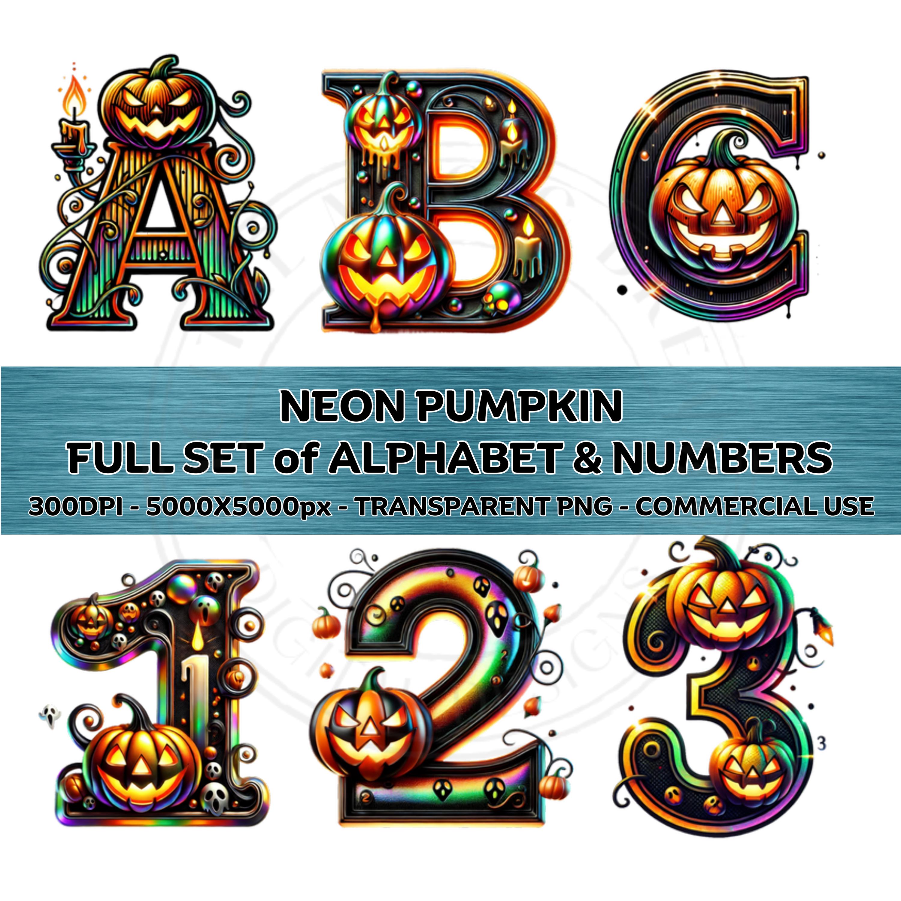 NEON PUMPKIN Font Full Set of Alphabet & Numbers,clipart PNG ...