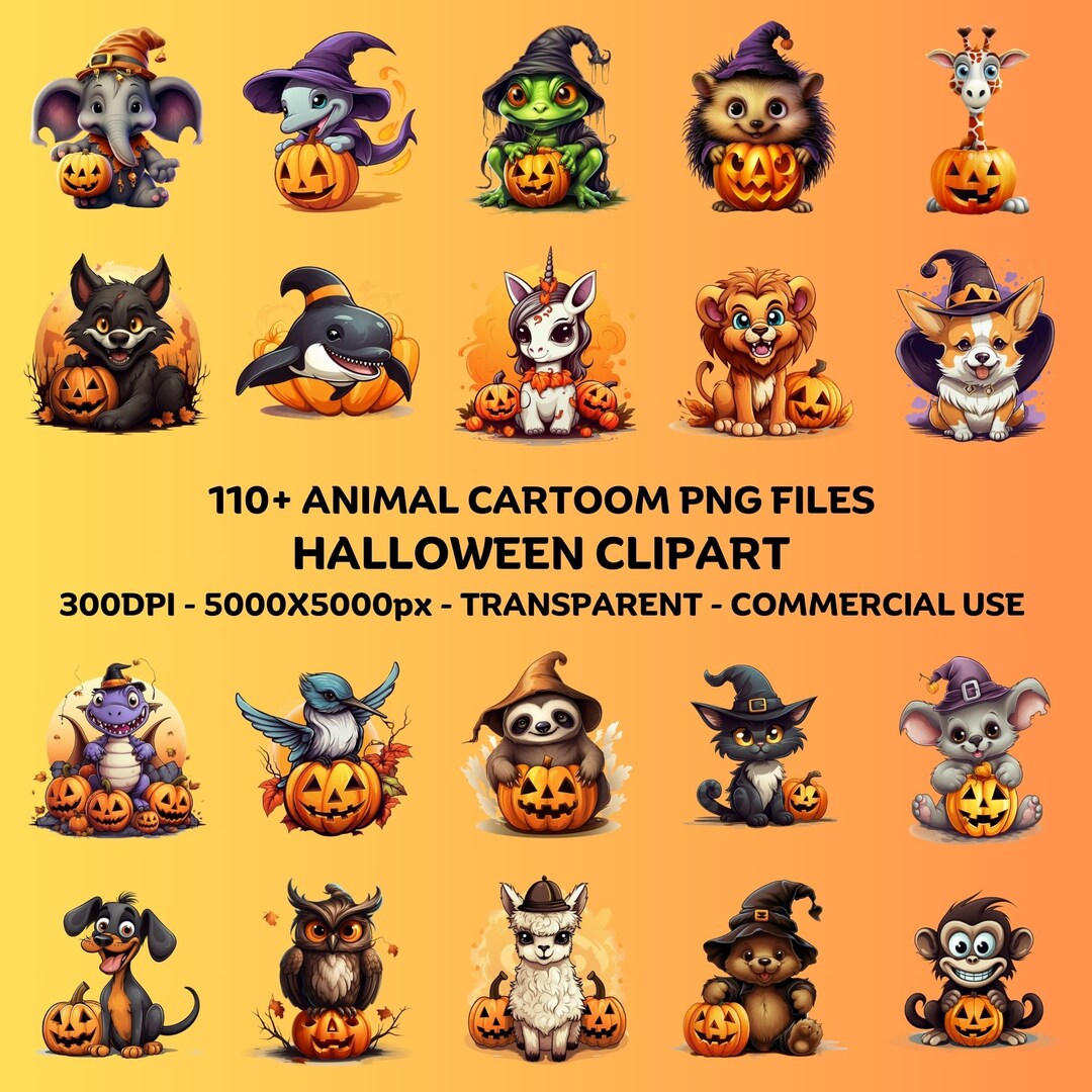 110+ Halloween Animal Cartoon Clipart PNG Set Transparent Background ...