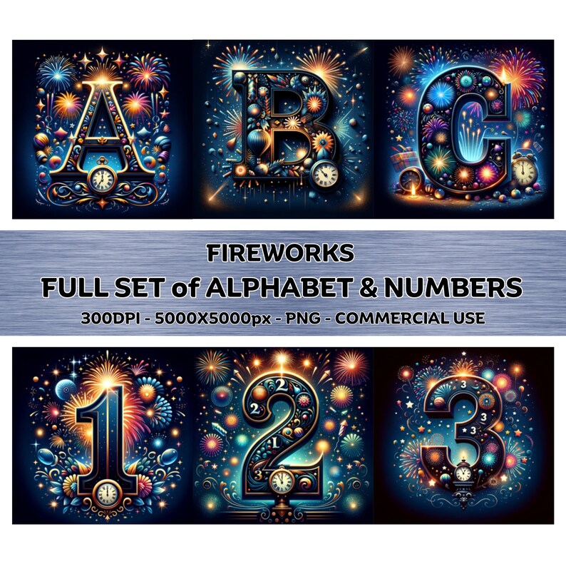 CELEBRATION FIREWORKS Fonts Full Set of Alphabet and Numbers Clipart ...
