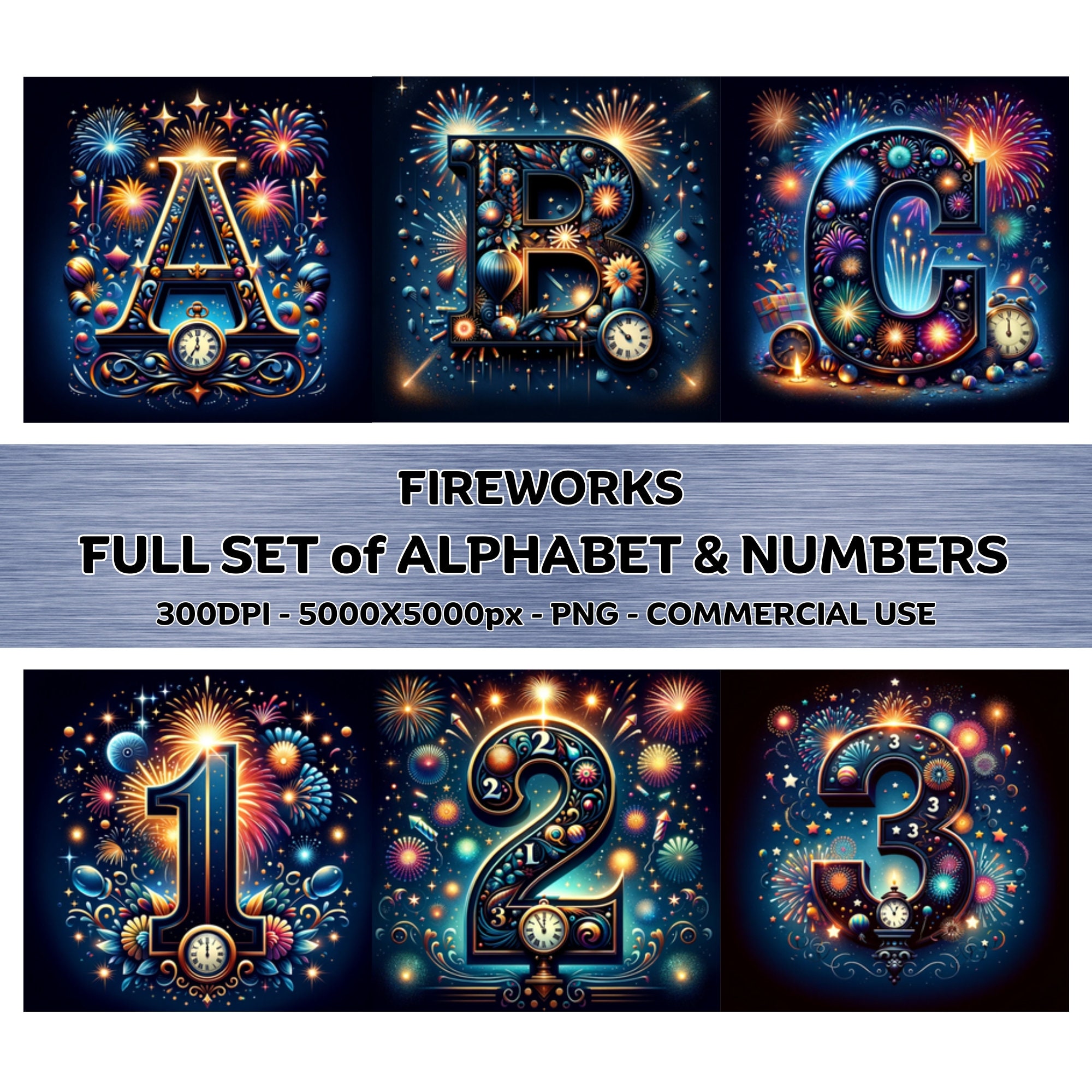 CELEBRATION FIREWORKS Fonts Full Set of Alphabet and Numbers Clipart ...