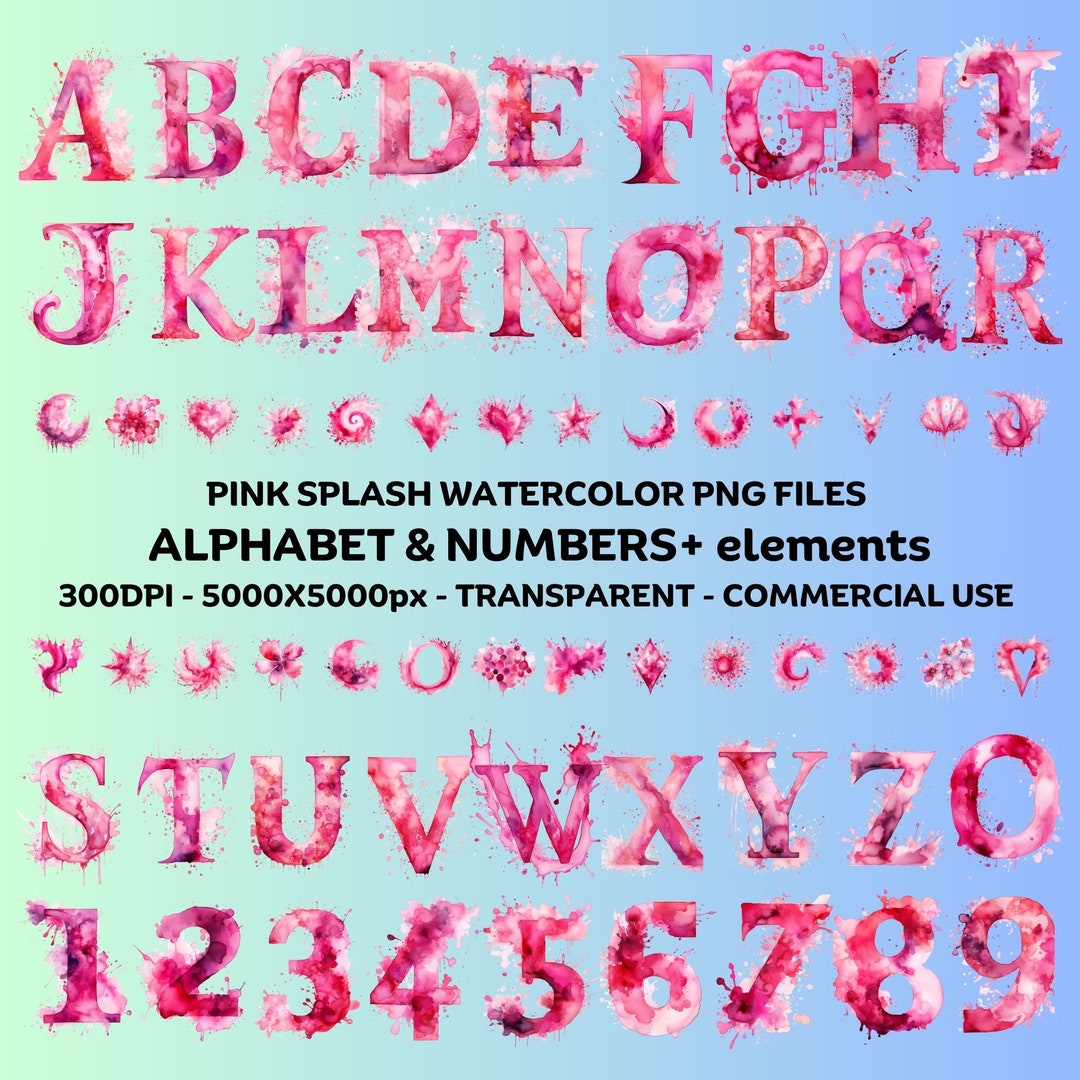 Watercolor Pink Alphabet & Numbers Clipart PNG Set Transparent ...