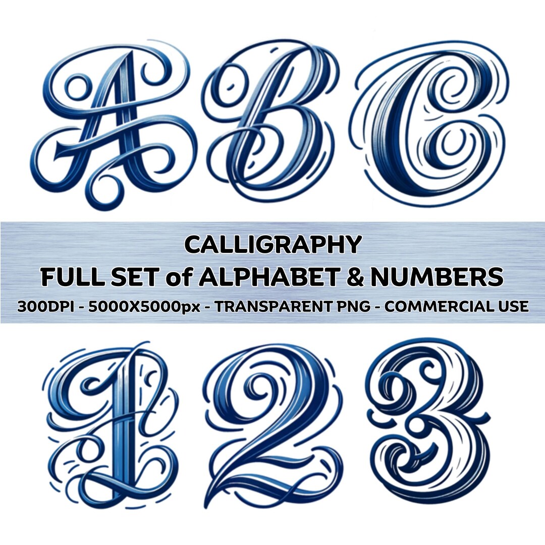 CALLIGRAPHY BLUE Font Full Set Alphabet & Numbers Clipart PNG ...