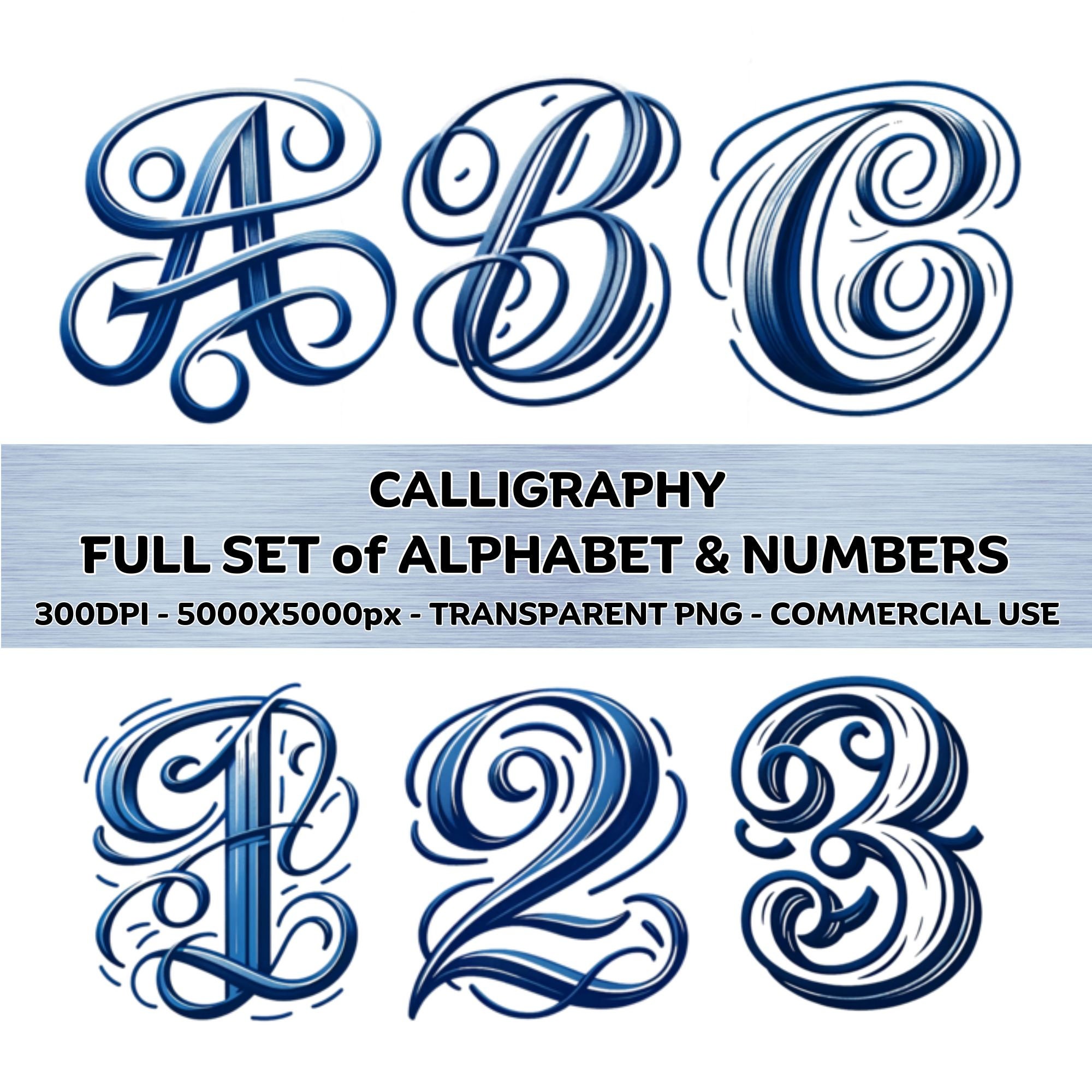 CALLIGRAPHY BLUE Font Full Set Alphabet & Numbers Clipart PNG ...