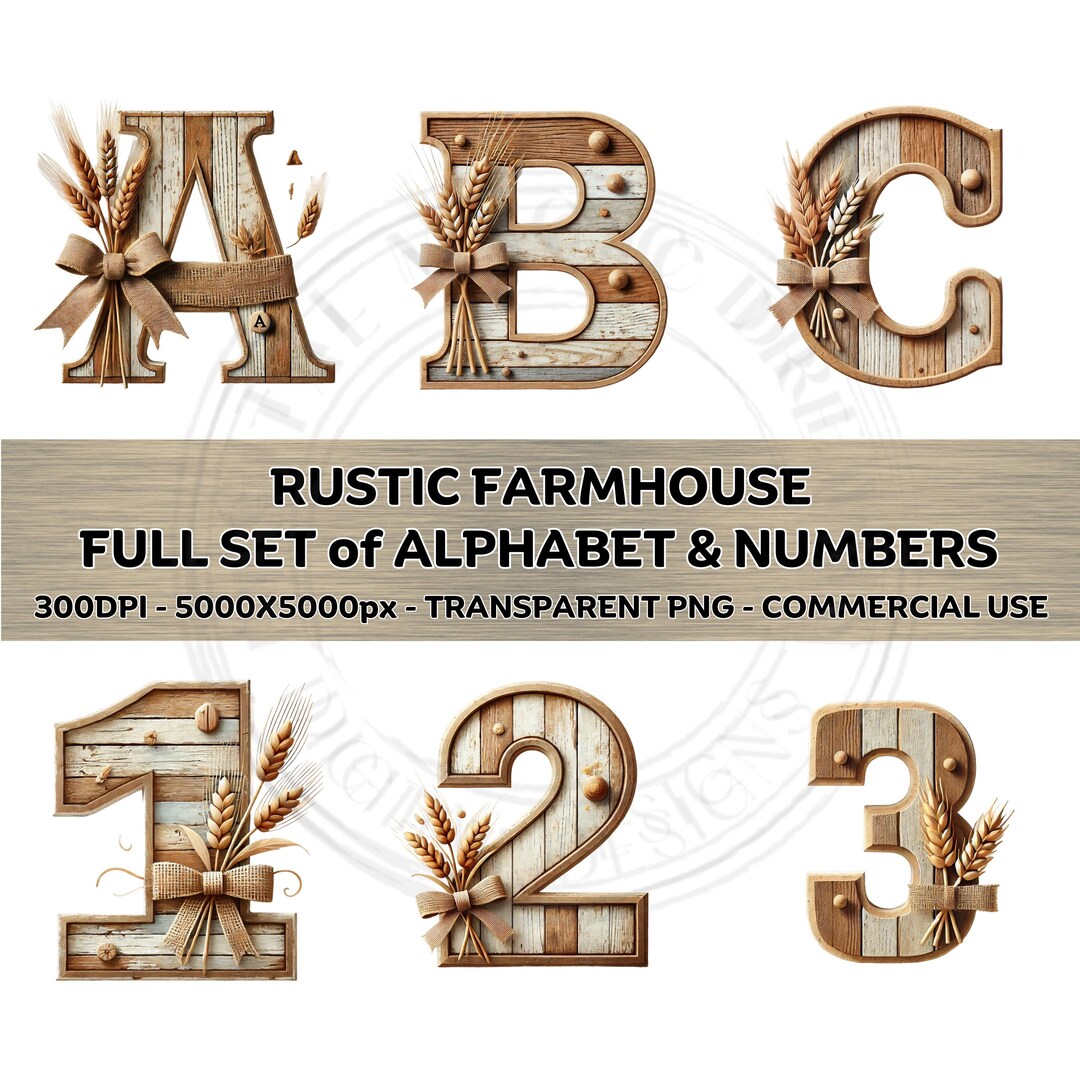 RUSTIC FARMHOUSE Wooden Font Full Set Alphabet & Numbers Clipart PNG ...