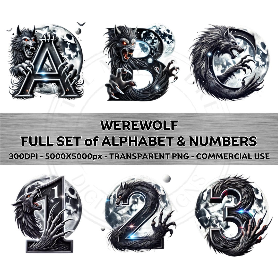 WEREWOLF Font Full Set of Alphabet & Numbers Clipart PNG Transparent ...