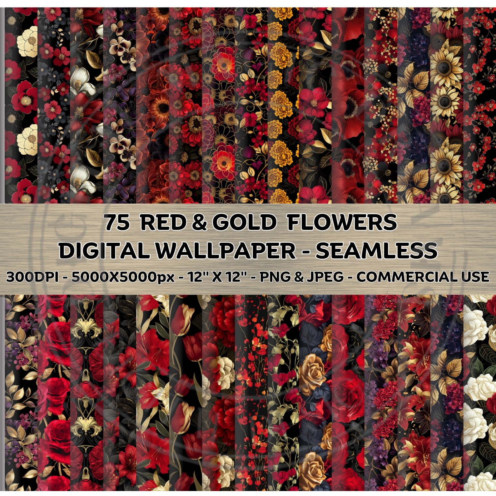 75 RED, Gold & Cream Roses Digital Paper Watercolour Roses Digital ...