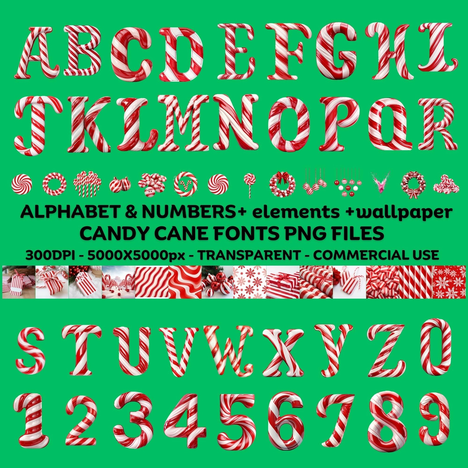 3D Candy Cane Font Candy Cane Alphabet & Numbers Clipart PNG Set ...