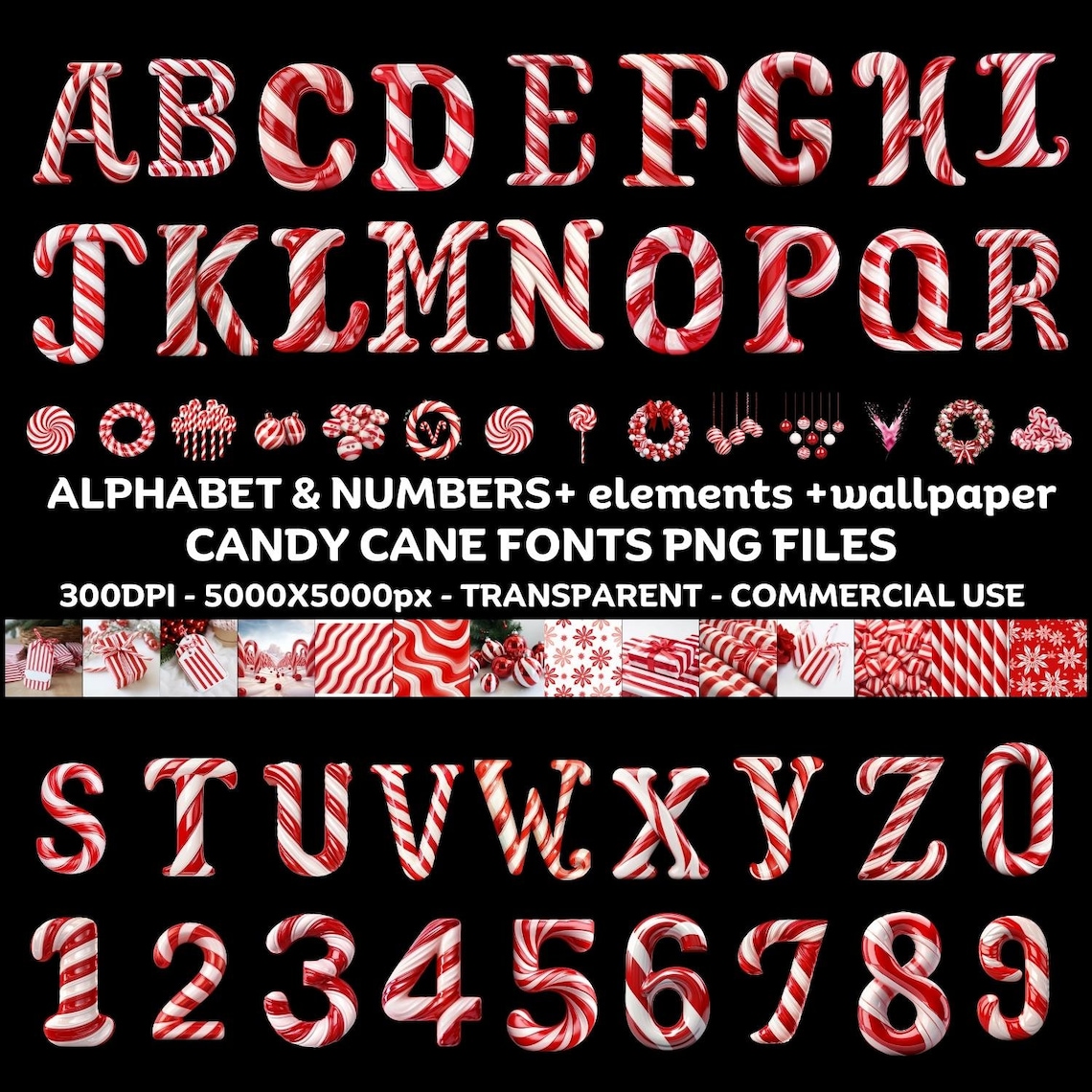 3D Candy Cane Font Candy Cane Alphabet & Numbers Clipart PNG Set ...