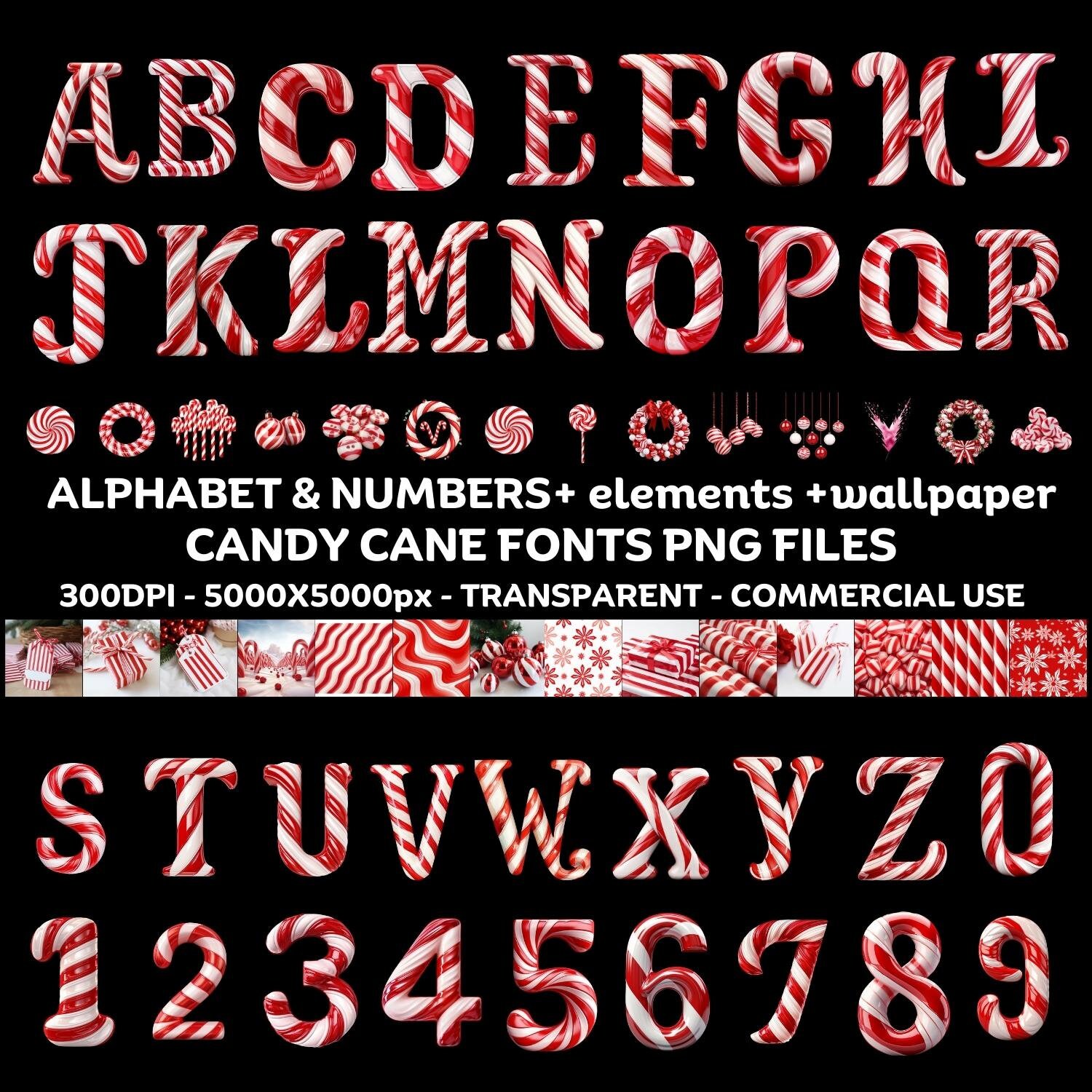 3D Candy Cane Font Candy Cane Alphabet & Numbers Clipart PNG Set ...