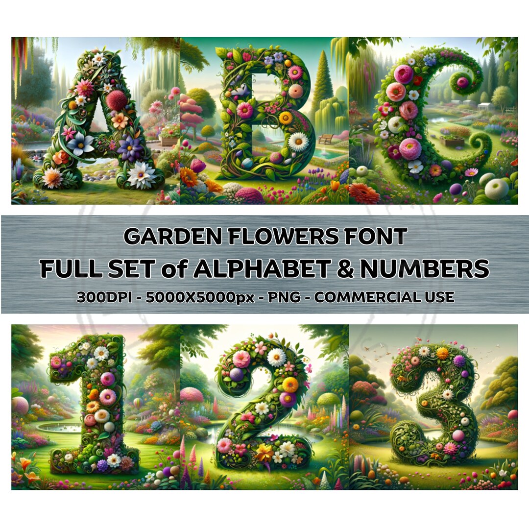 Colourful Garden Flowers Font Full Set of Alphabet & Numbers Clipart ...