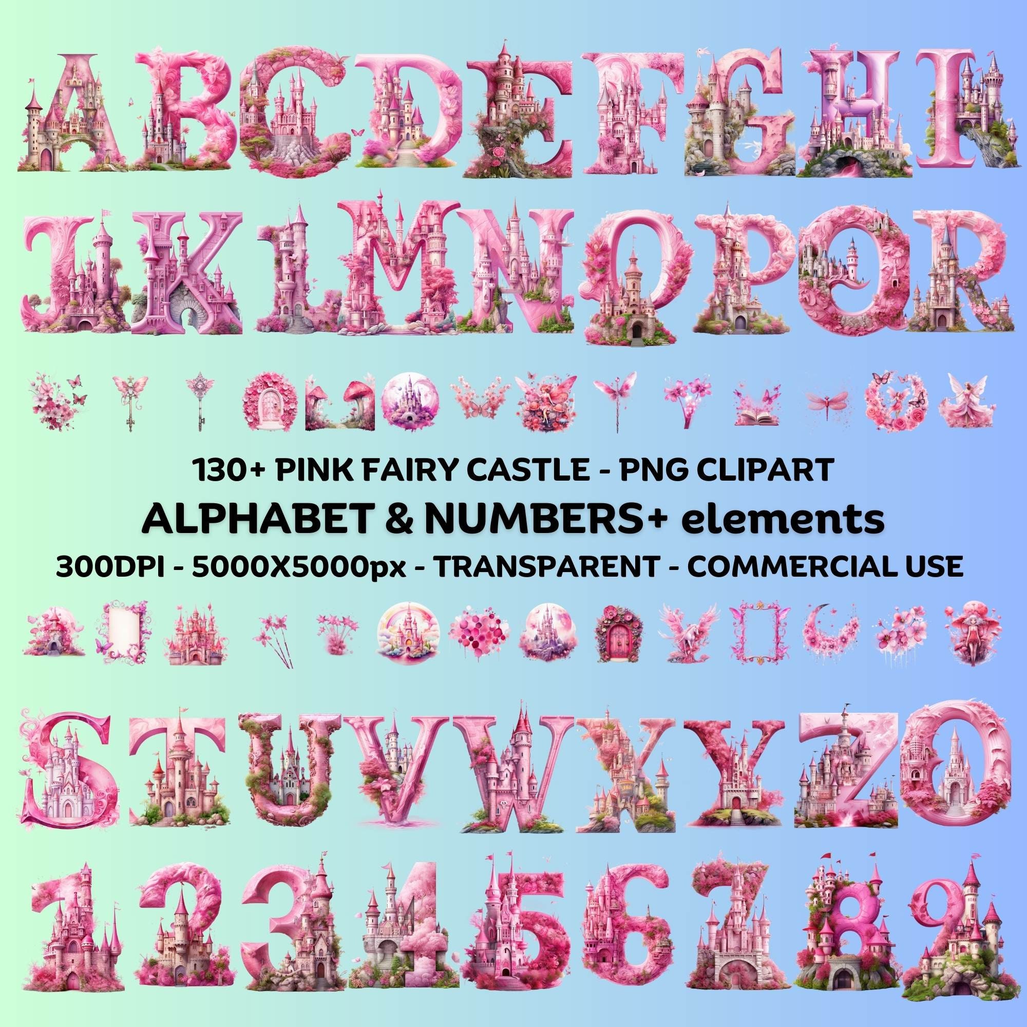 Pink Fairy Castle Alphabet & Numbers Clipart PNG Set Transparent ...