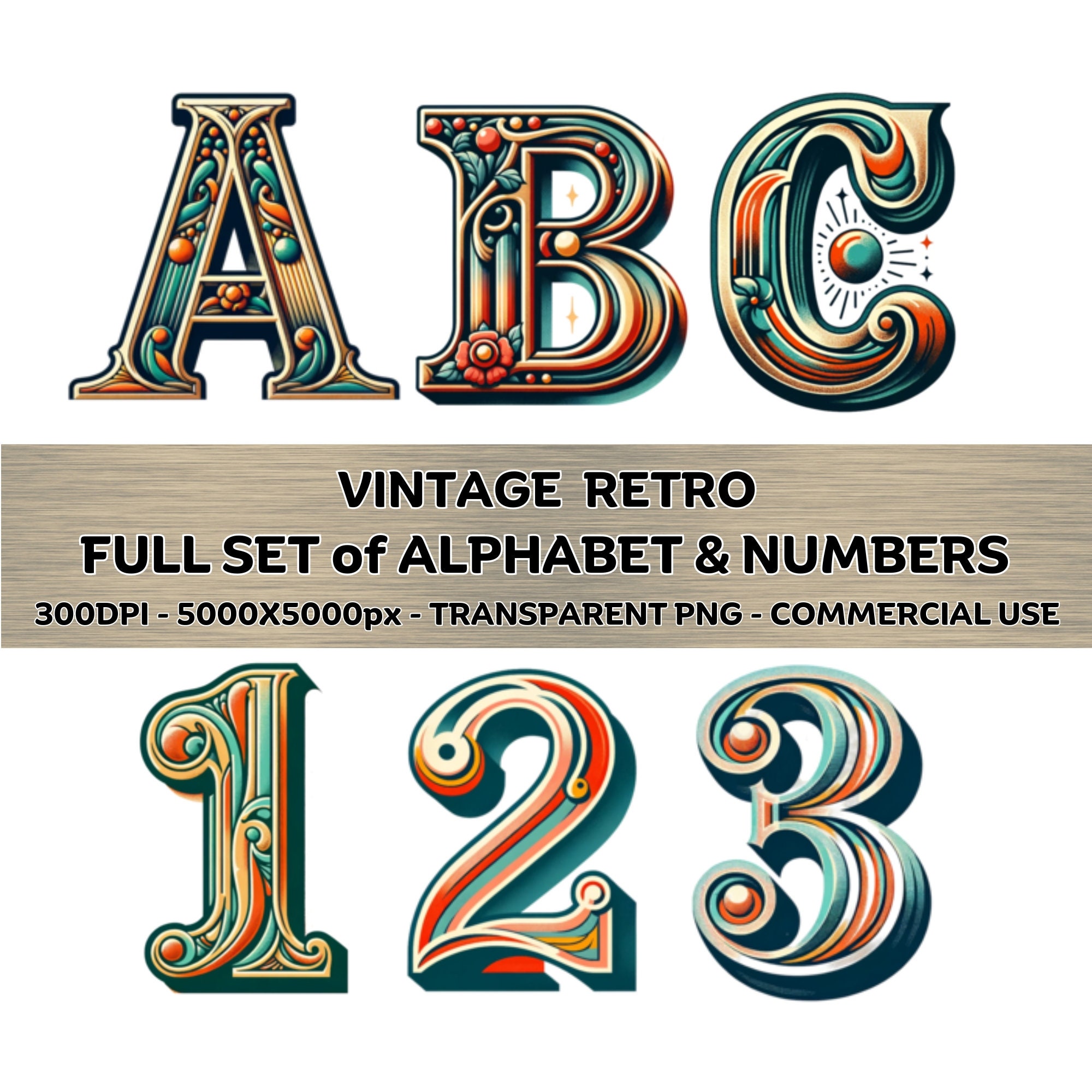 Vintage Retro Font Full Set Alphabet & Numbers Clipart PNG Transparent ...