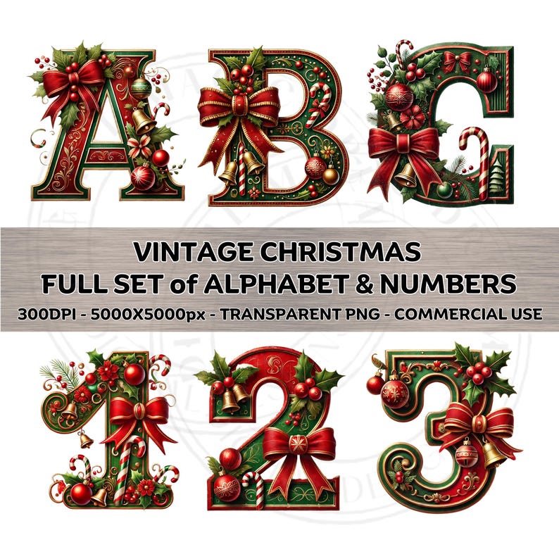 VINTAGE CHRISTMAS Letters, Alphabet & Numbers Digital Paper Scrapbook ...