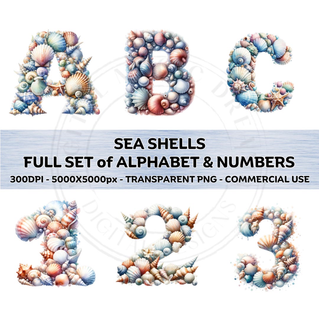 SEA SHELLS Font Full Set of the Alphabet & Numbers Clipart PNG ...
