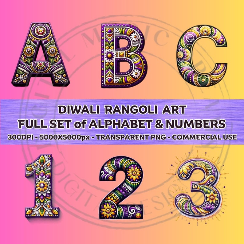 Diwali RANGOLI Art. Diwali Fonts Full Set of Alphabet and Numbers Clipart PNG Transparent ...