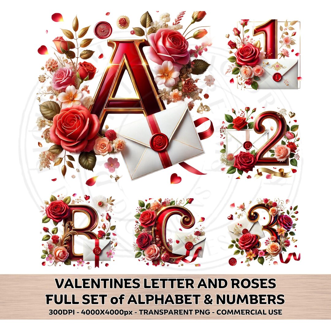 Valentines Letter, Red Roses, Full Set of Alphabet & Numbers Clipart ...