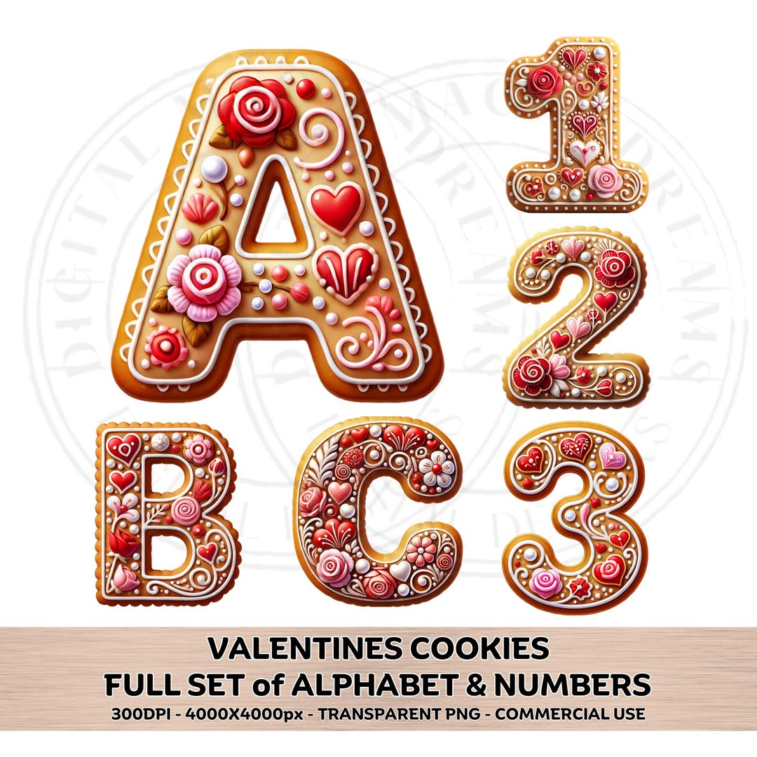 Valentines Cookies, Food Fonts Full Set of Alphabet & Numbers Clipart ...