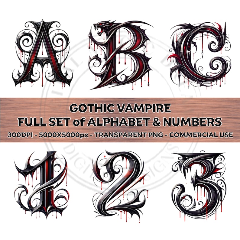 GOTHIC VAMPIRE Script Font Full Set of Alphabet & Numbers Clipart PNG ...