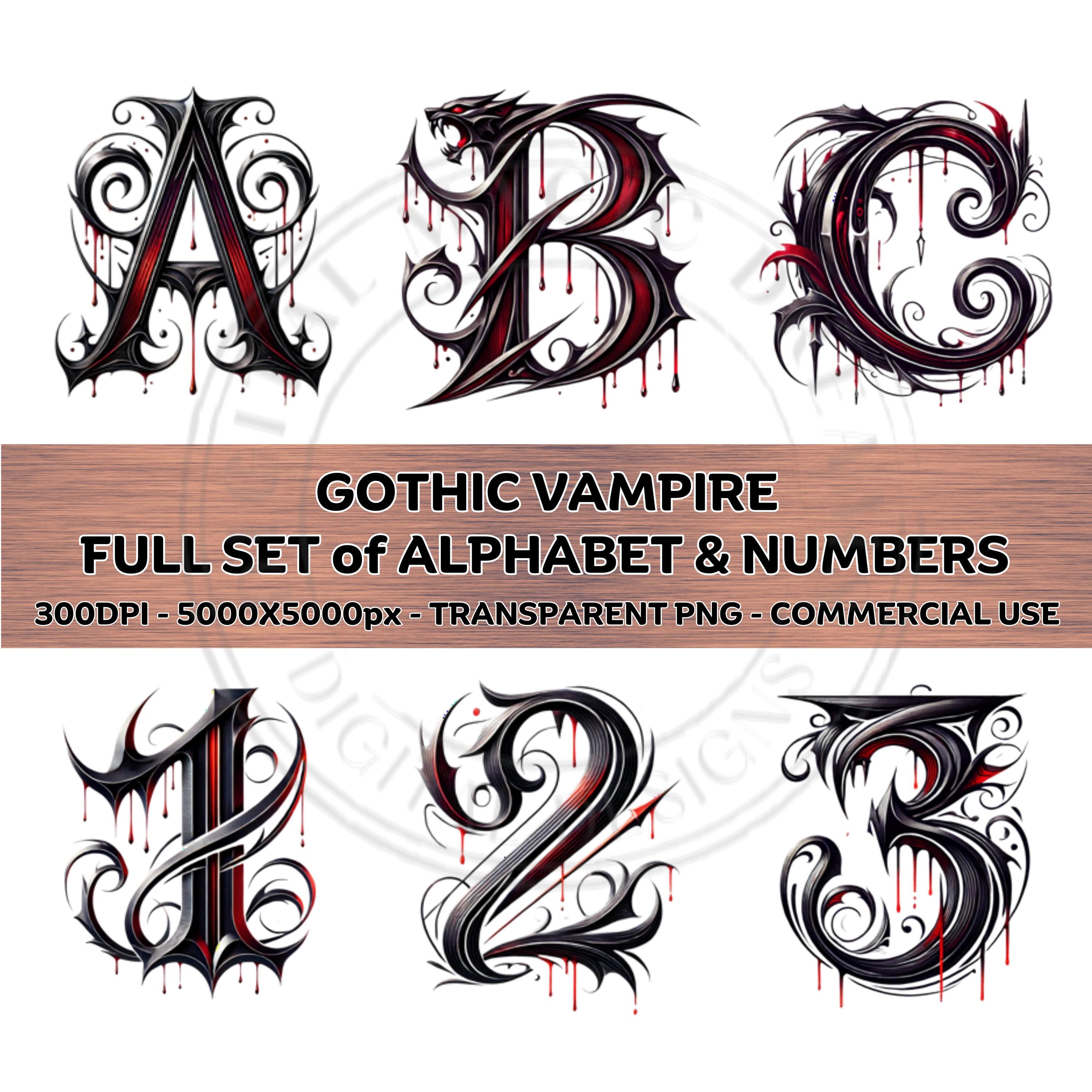 GOTHIC VAMPIRE Script Font Full Set of Alphabet & Numbers Clipart PNG ...