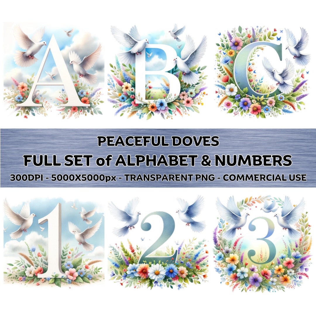 Peaceful Doves Full Set of Alphabet & Numbers Clipart PNG Transparent ...